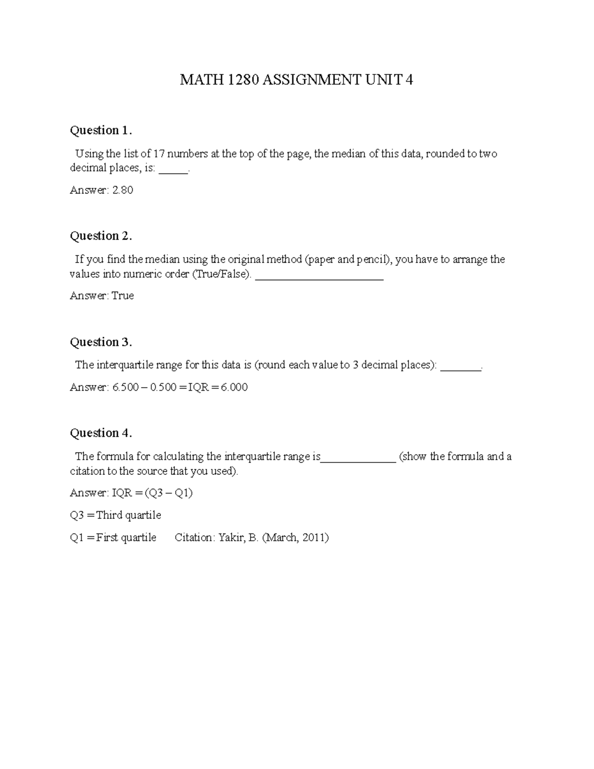 Math 1280 Assignment Unit 4 Math 1280 Assignment Unit 4 Question 1 Using The List Of 17