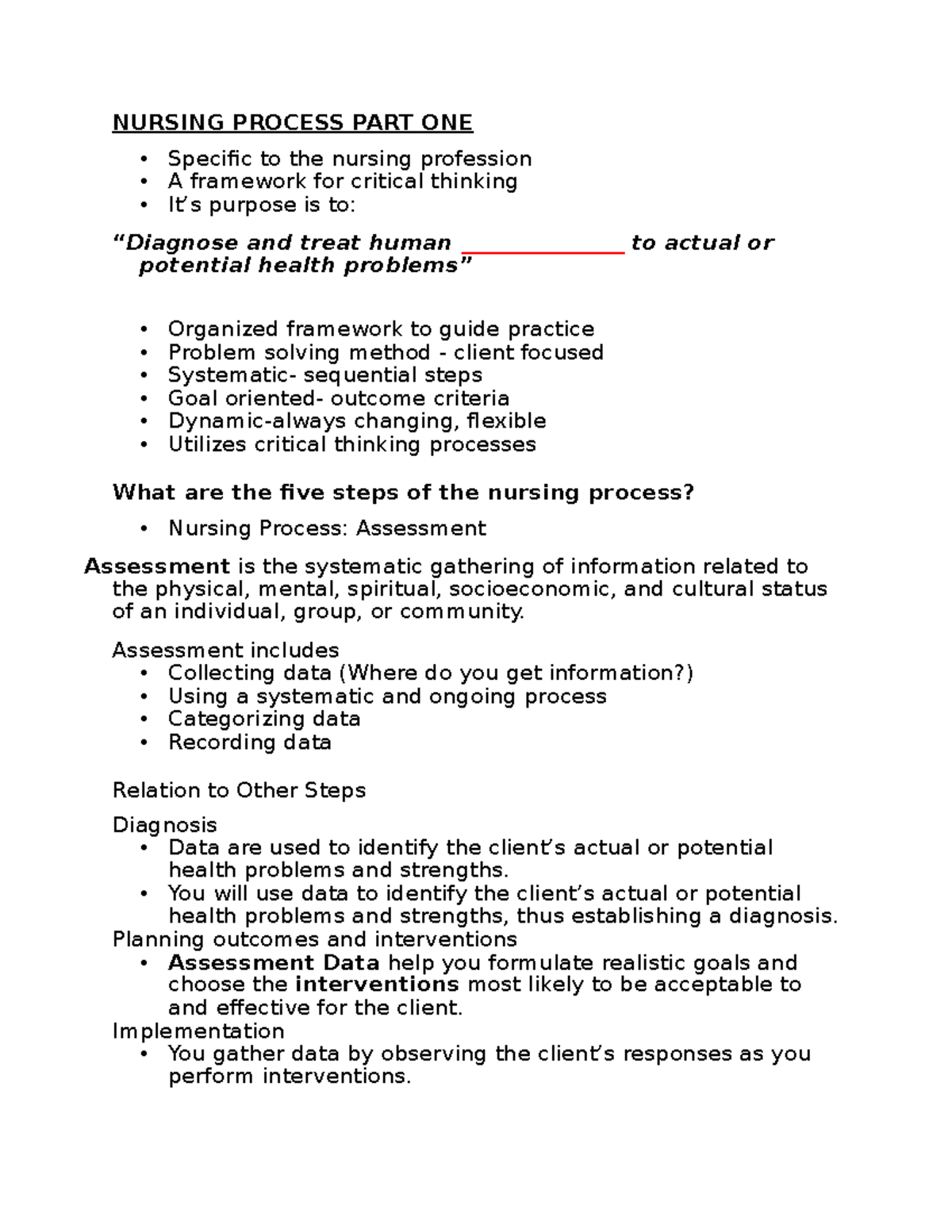 Nursing Process Part 1 Student Outline - NURSING PROCESS PART ONE ...