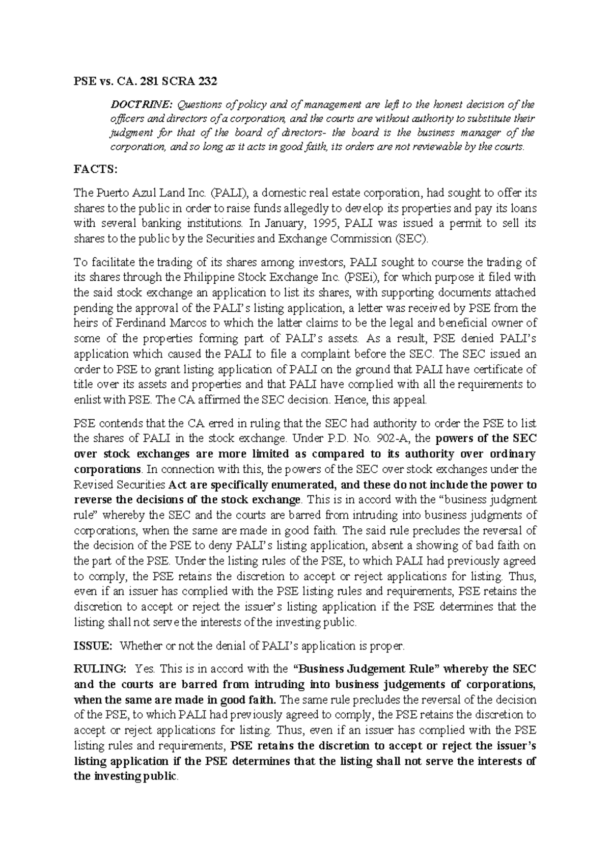 PSE vs. CA. 281 SCRA 232 - PSE vs. CA. 281 SCRA 232 DOCTRINE: Questions ...