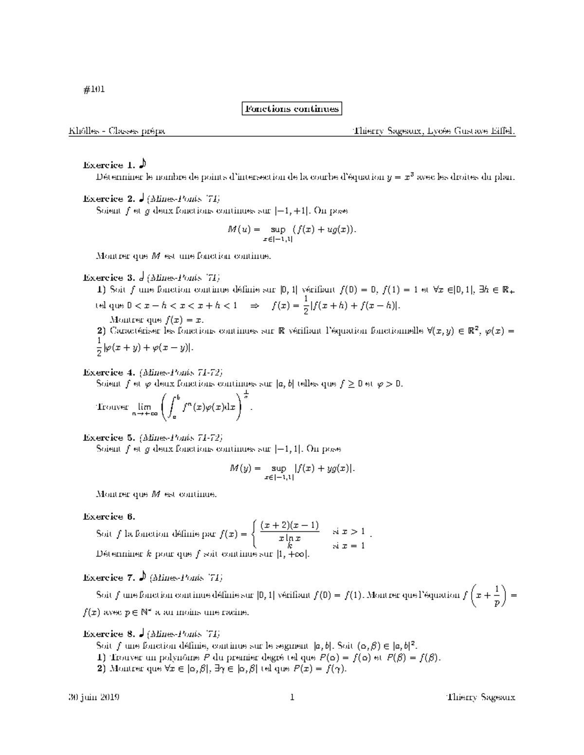 Exos fonction continue - # 101 Fonctions continues Khôlles - Classes ...