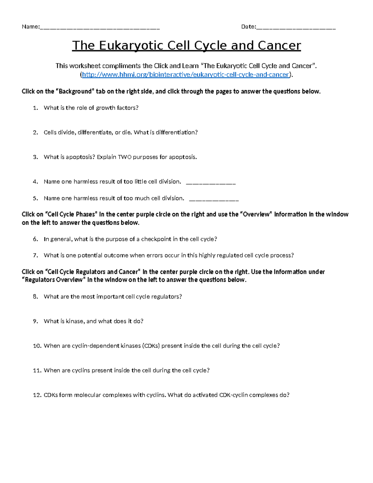 Mitosis Cancer Click and Learn HHMI - Name ...