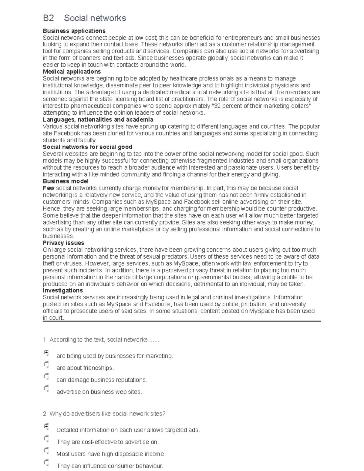 Reading Texts tasks NEW - B2 Social networks Business applications ...