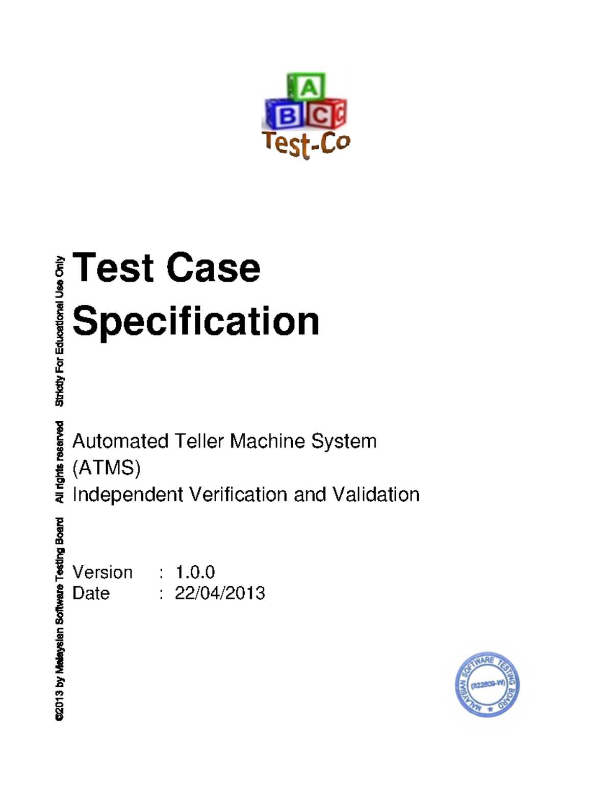 04 Tab 7 Atms Test Case Specification Set A V1 0 Test Case Specification Automated Teller