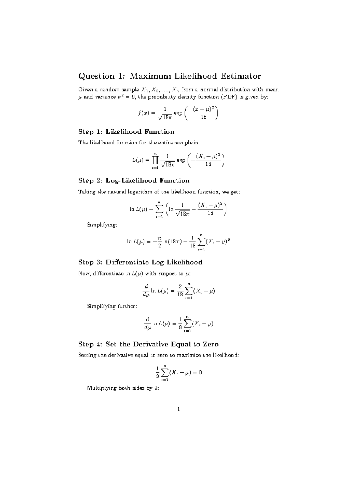Stat cheat sheet - Question 1: Maximum Likelihood Estimator Given a random sample X 1 , X 2 ...