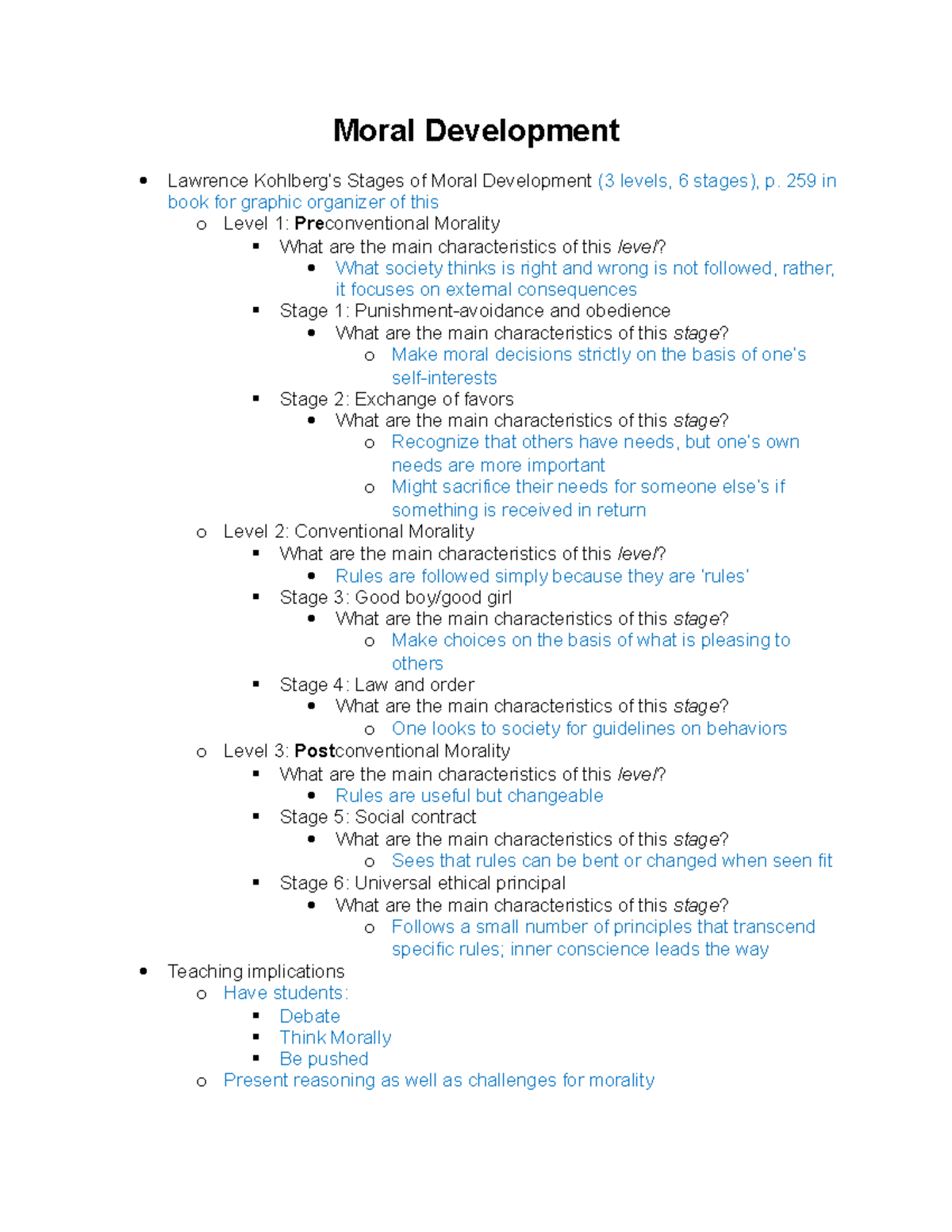 Moral Development Notes - Moral Development Lawrence Stages of Moral ...
