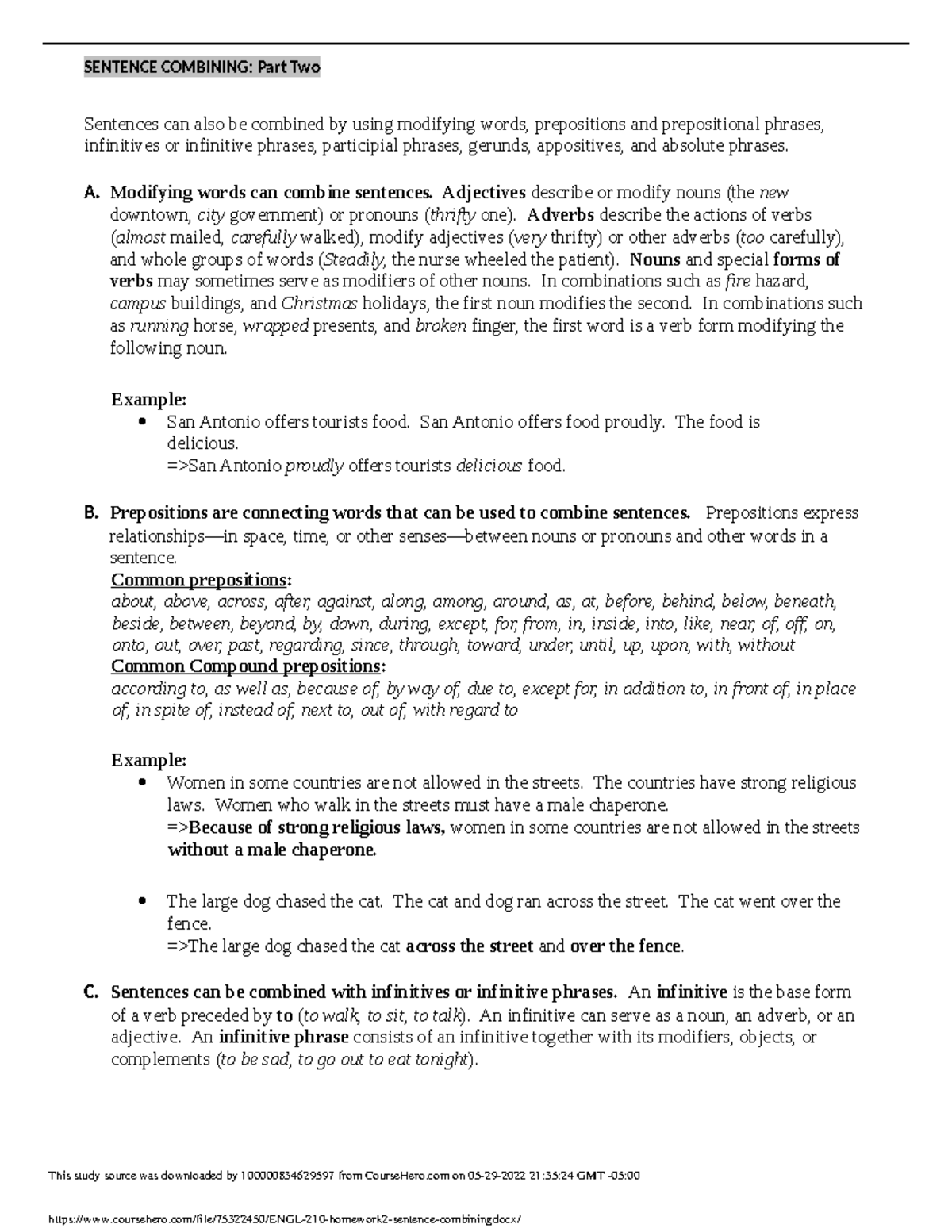ENGL 210 homework 2 sentence combining - SENTENCE COMBINING: Part Two ...