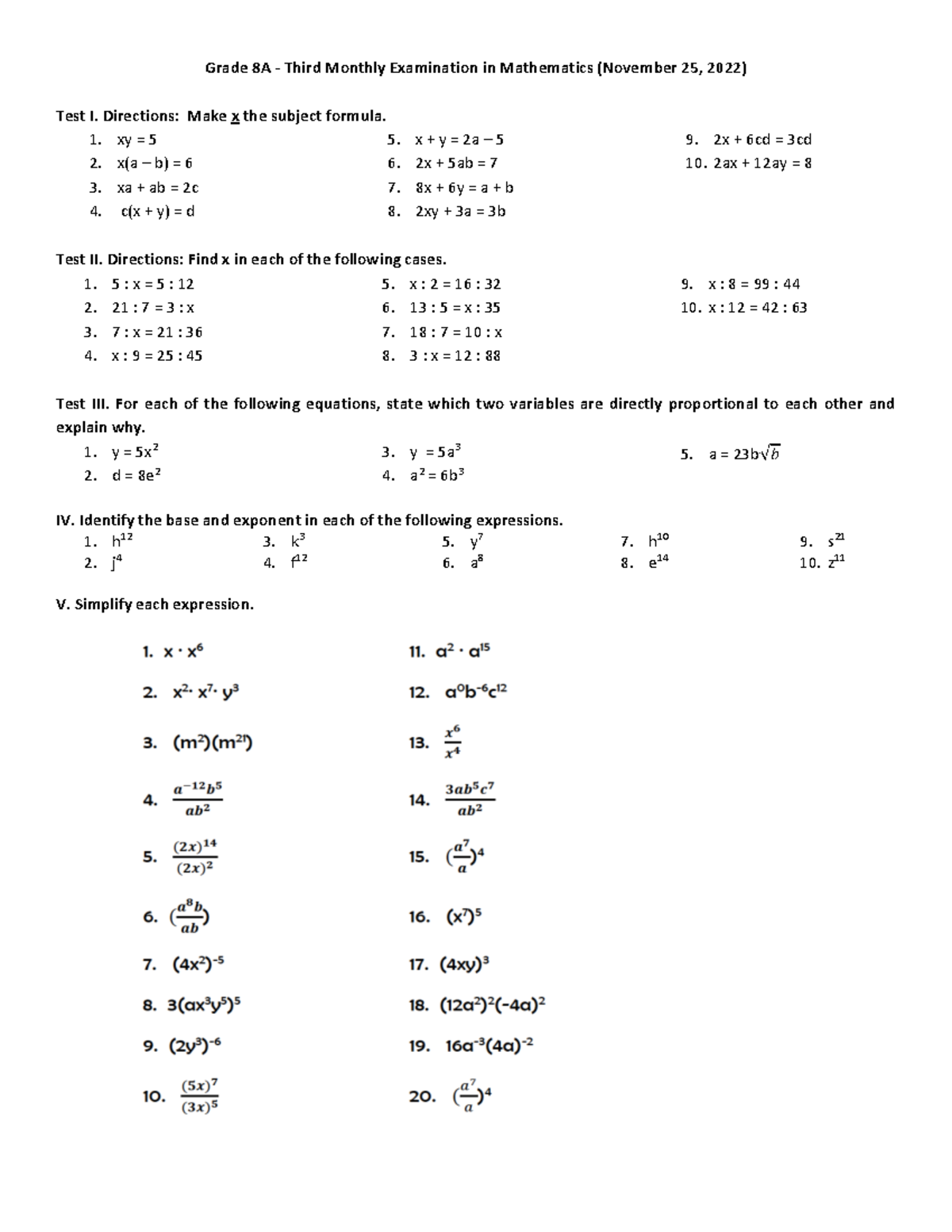 G8A 3rd Monthly Exam - Exam - Grade 8A - Third Monthly Examination in ...