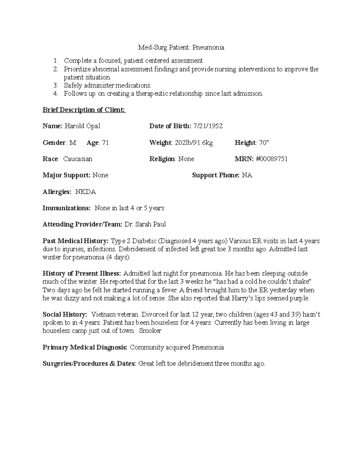 Patient Scenario Harry - Med-Surg Patient: Pneumonia Complete a focused ...