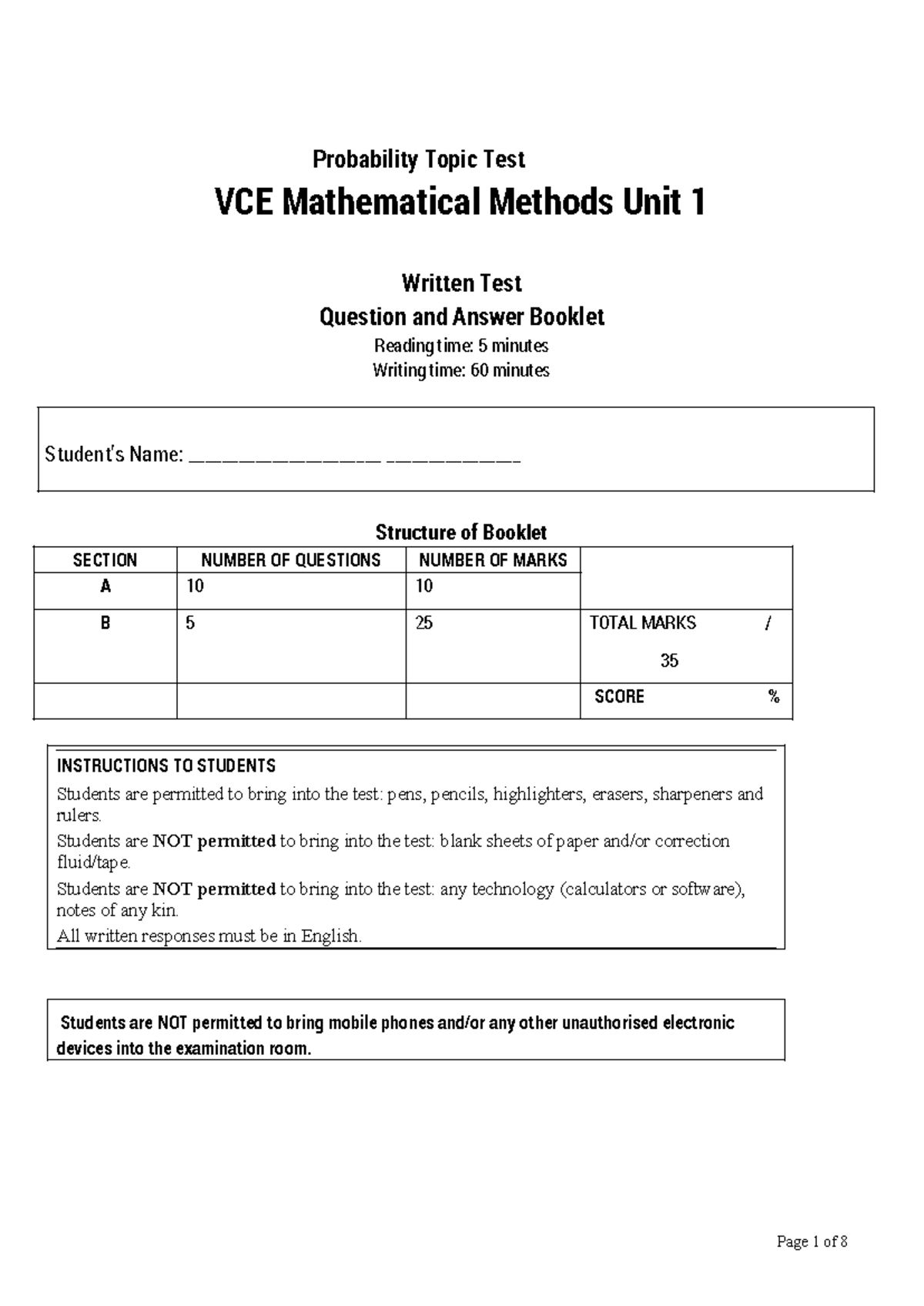 Probability Topic Test 2023 - Probability Topic Test VCE Mathematical ...