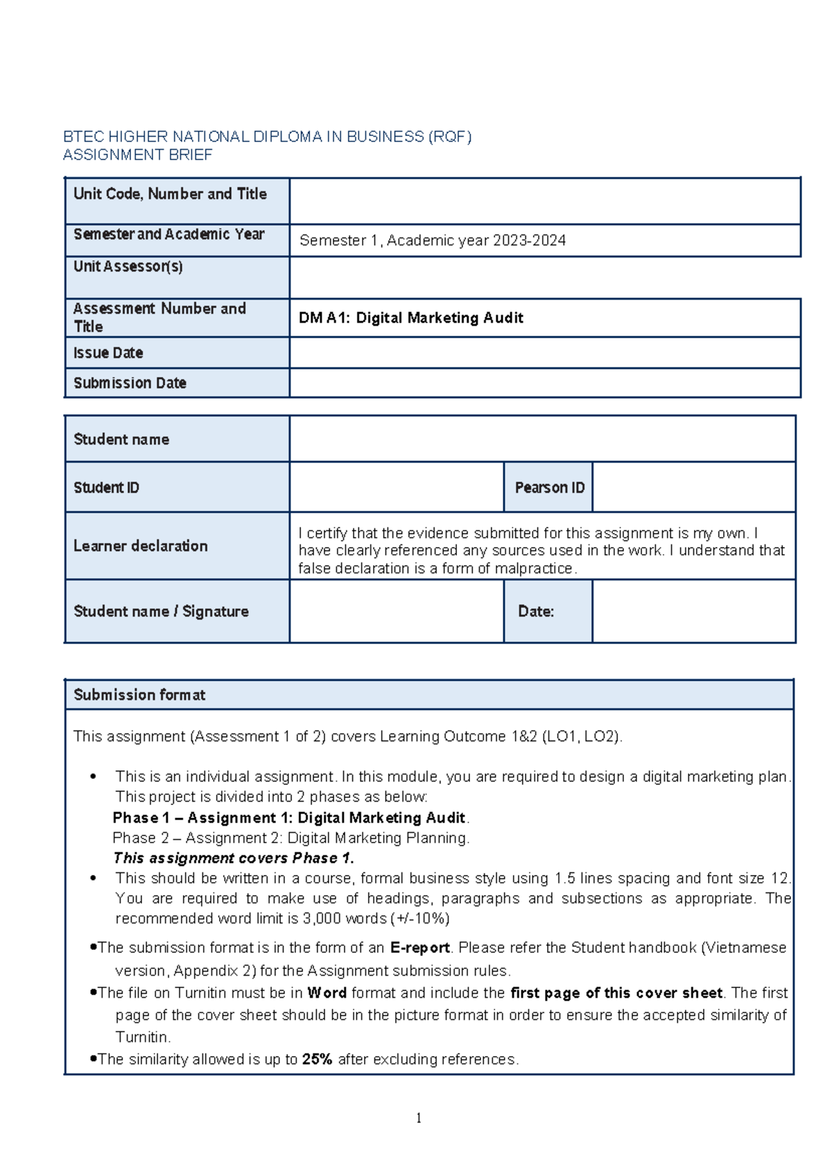 DM A1 F23 - digital marketing - BTEC HIGHER NATIONAL DIPLOMA IN ...