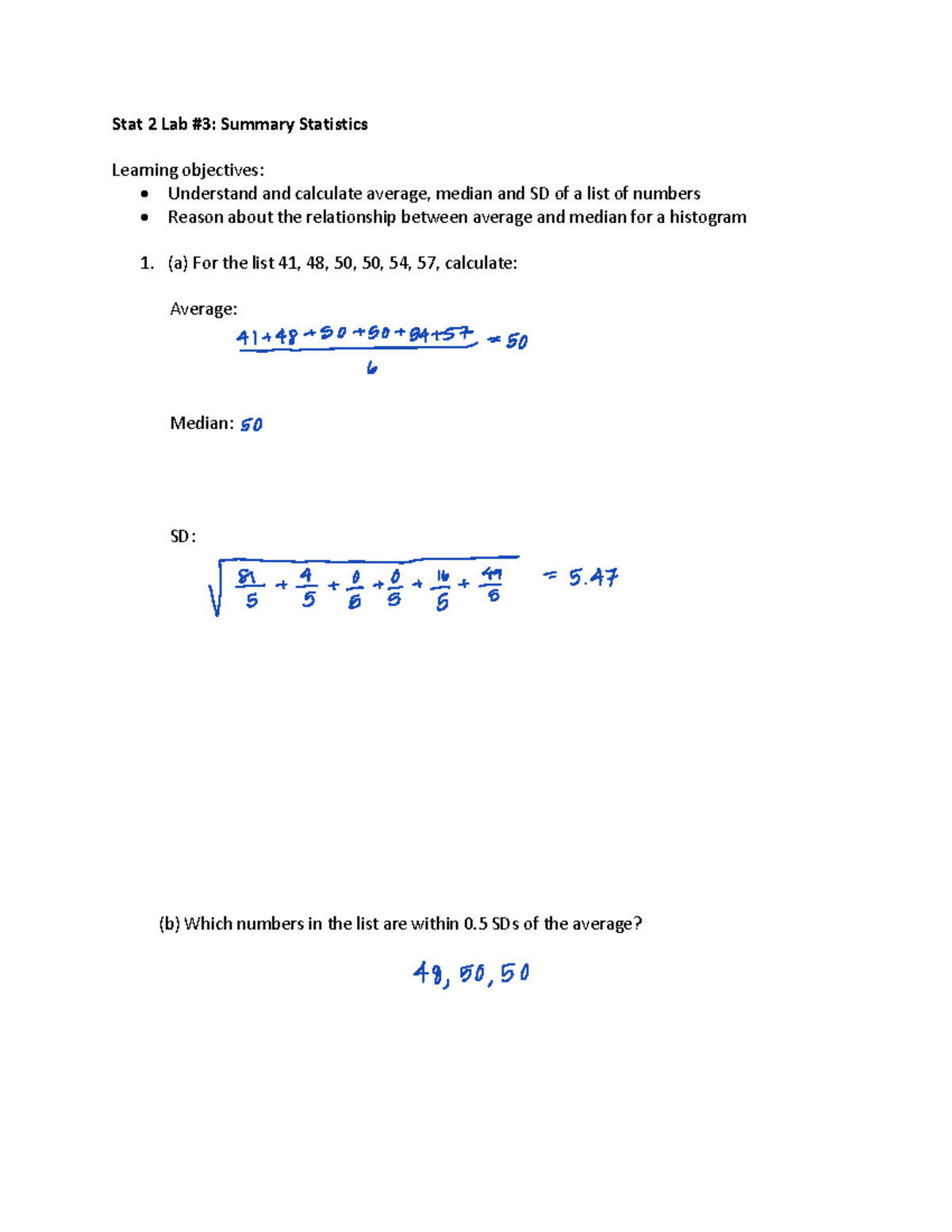 Lab 3 - lab - Stat 2 Lab # 3 : Summary Statistics Learning objectives ...