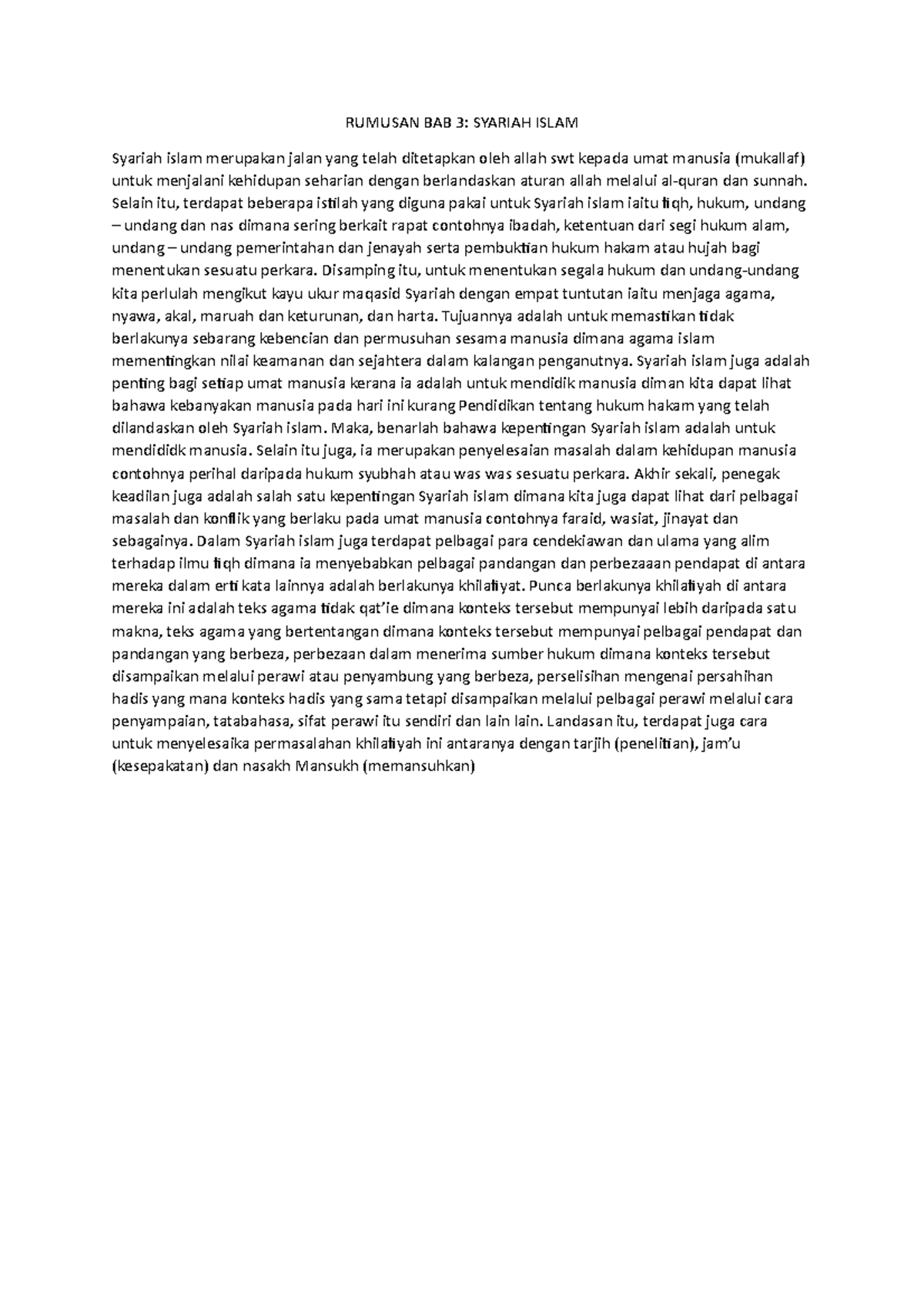 CTU Rumusan pembelajaran BAB 3 - RUMUSAN BAB 3: SYARIAH ISLAM Syariah islam merupakan jalan yang ...