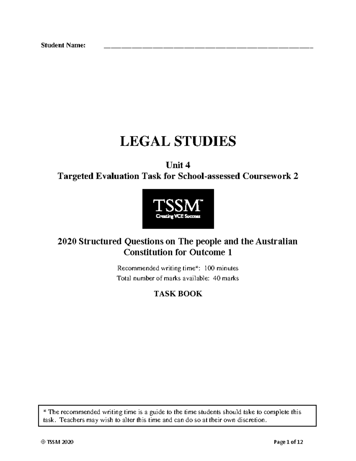 Legal Studies 2020 Unit 4 Outcome 1 TET 2 - Structured Questions ...