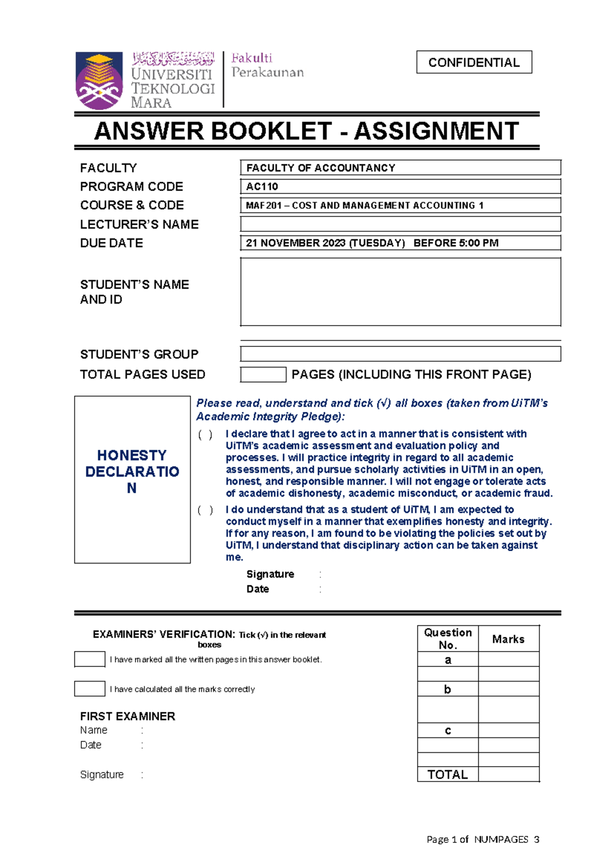 Assignment Answer Booklet-MAF201 - ANSWER BOOKLET - ASSIGNMENT FACULTY ...