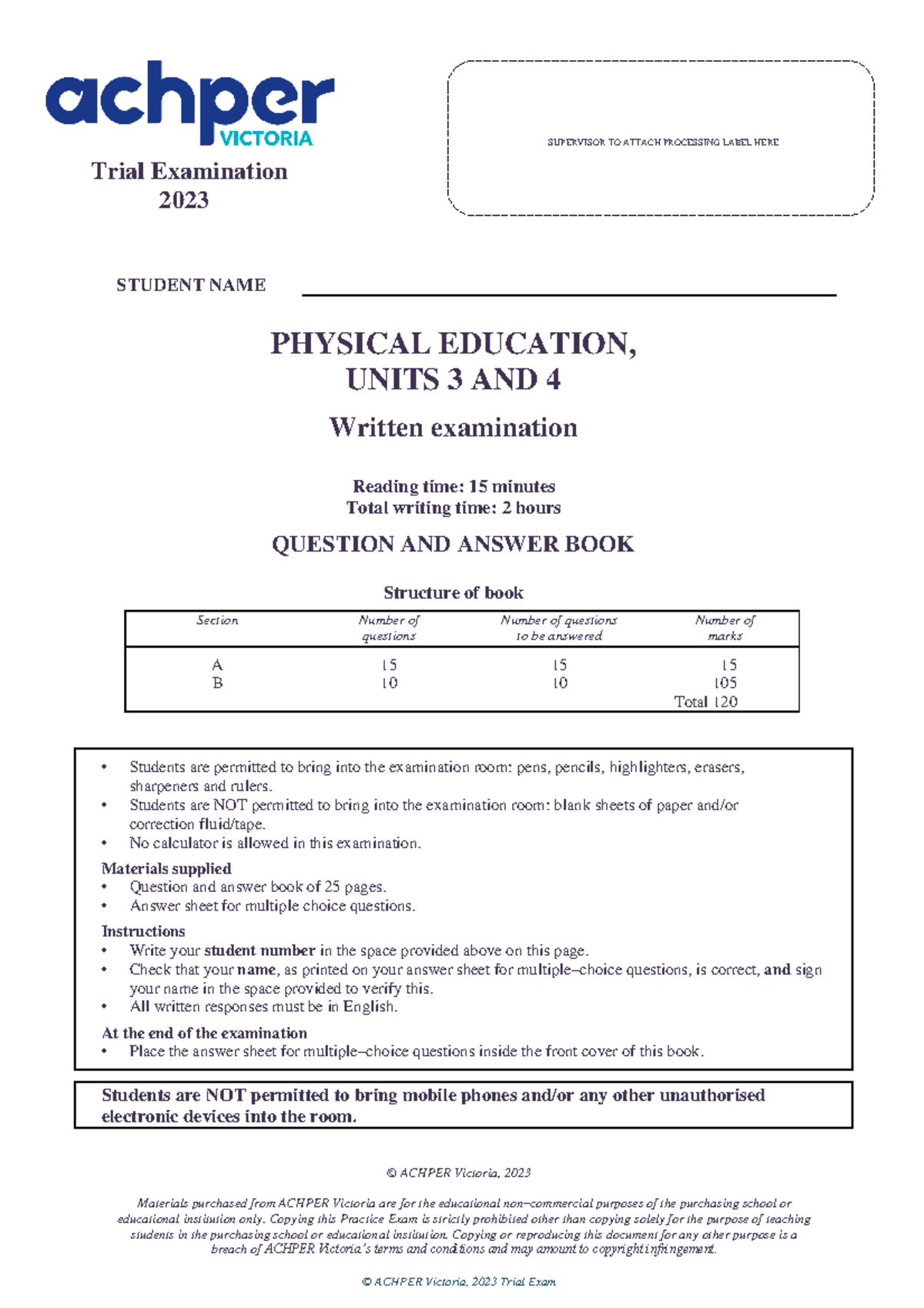 2023 Achper PE Unit 34 Trial EXAM Questions - SUPERVISOR TO ATTACH ...