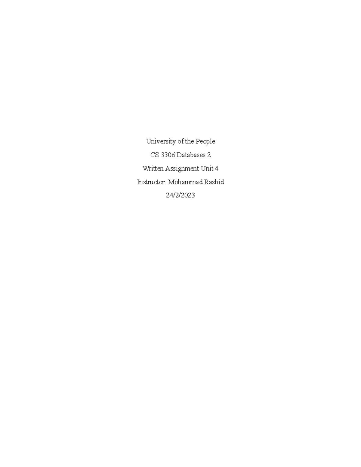 Cs 3306 Written Assignment Week 5 With Corrections University Of The People Cs 3306 Databases