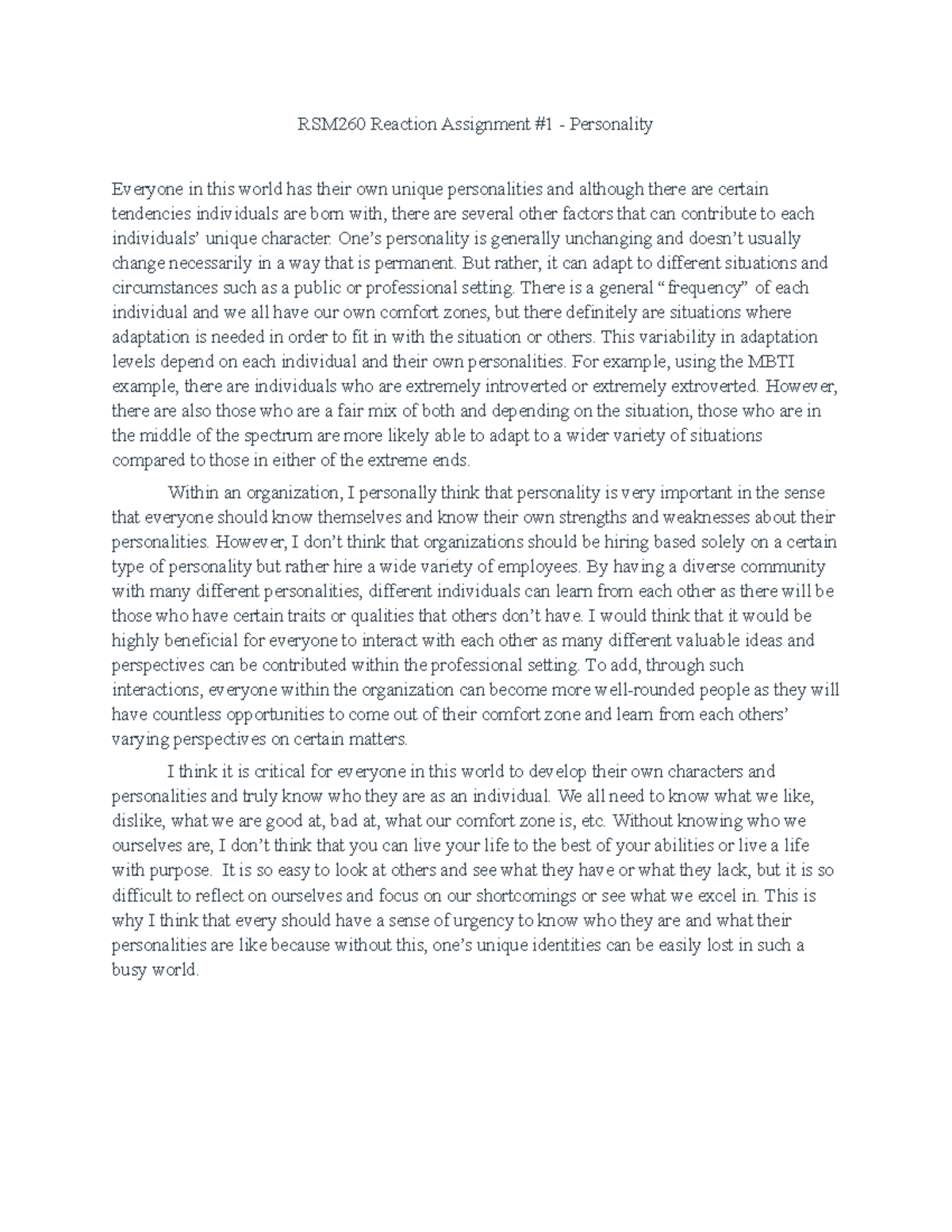 Reaction Assignment #1 - Class 2 Personality - RSM260 Reaction ...