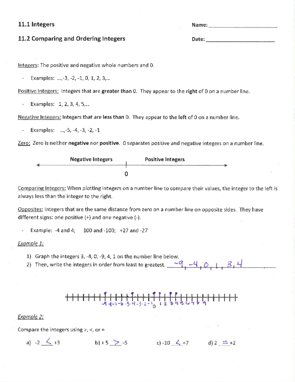 Comparing numbers - Foundational Maths - 11 Integers Name: 11 Comparing ...