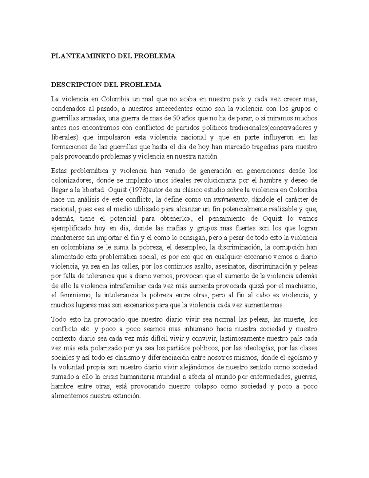 Descripcion DEL Problema - PLANTEAMINETO DEL PROBLEMA DESCRIPCION DEL ...