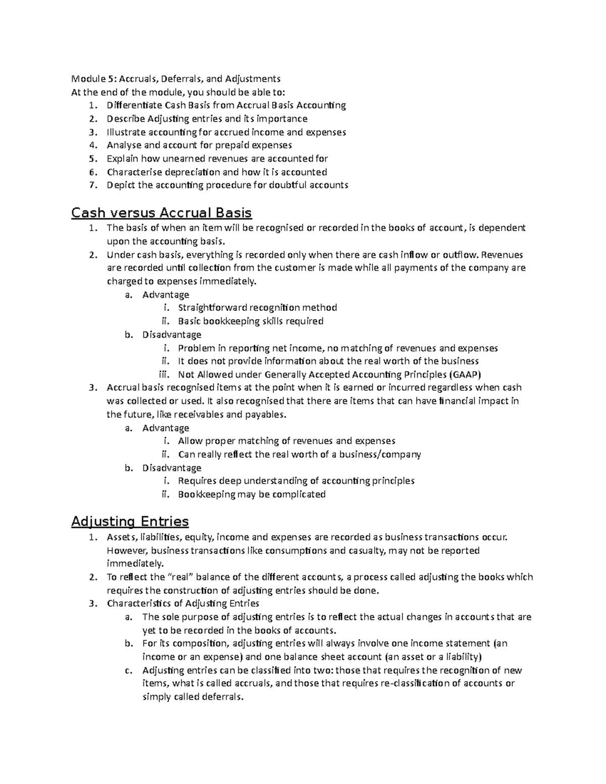 Notes On Accruals Deferrals And Adjusting Entries Module 5 Accruals Deferrals And