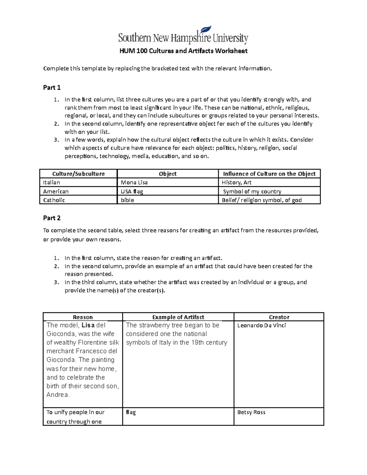 Cultures and Artifacts Worksheet (8) - HUM 100 Cultures and Arifacts ...