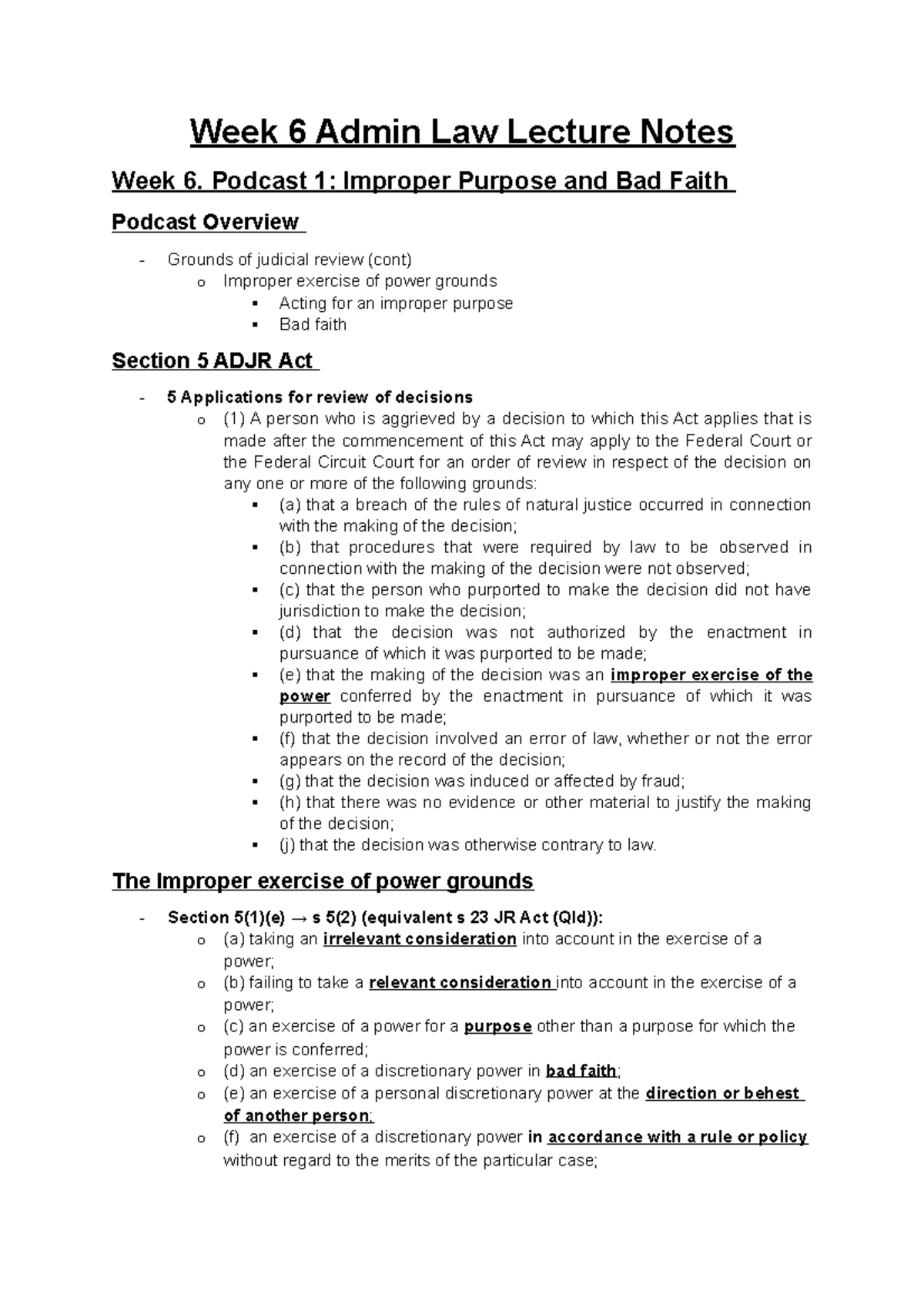 Week 6 Admin Law Lecture Notes - Week 6 Admin Law Lecture Notes Week 6 ...