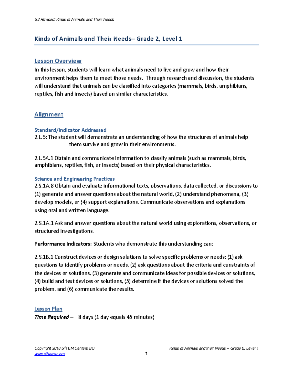 Grade 2 kindsofanimalsandtheirneeds l1 - Copyright 2016 S 2 TEM Centers ...