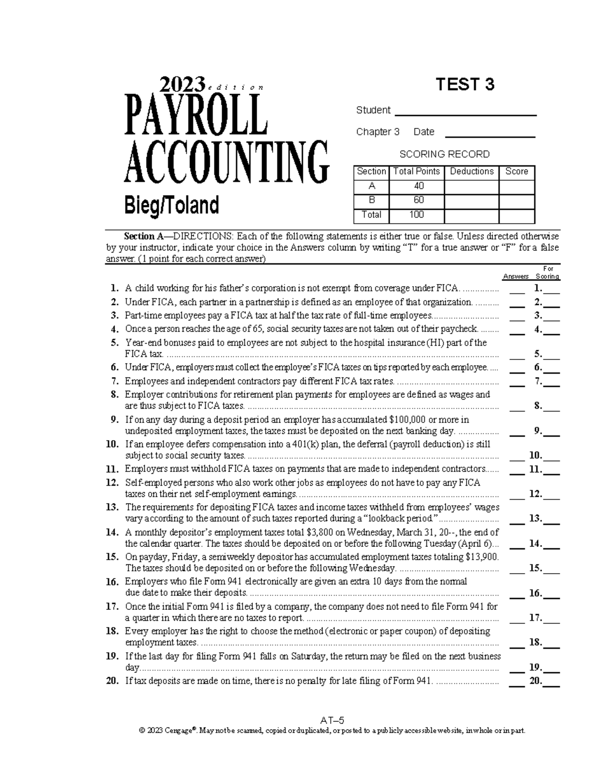 Chapter 3 Review - AT– © 2023 Cengage®. May not be scanned, copied or ...