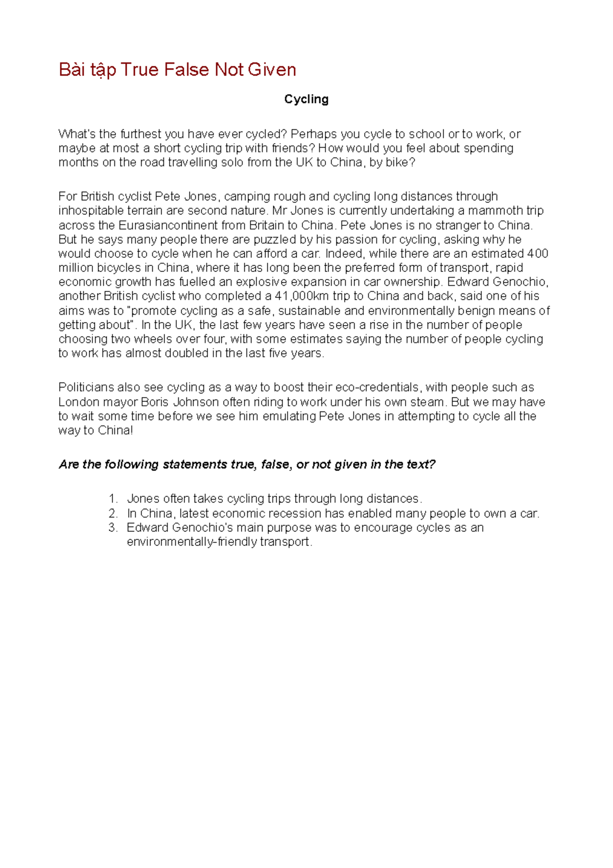 Bài tập True False Not Given - Bài tập True False Not Given Cycling ...