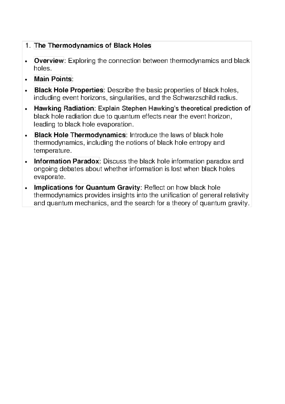 The Thermodynamics of Black Holes - Main Points: Black Hole Properties ...