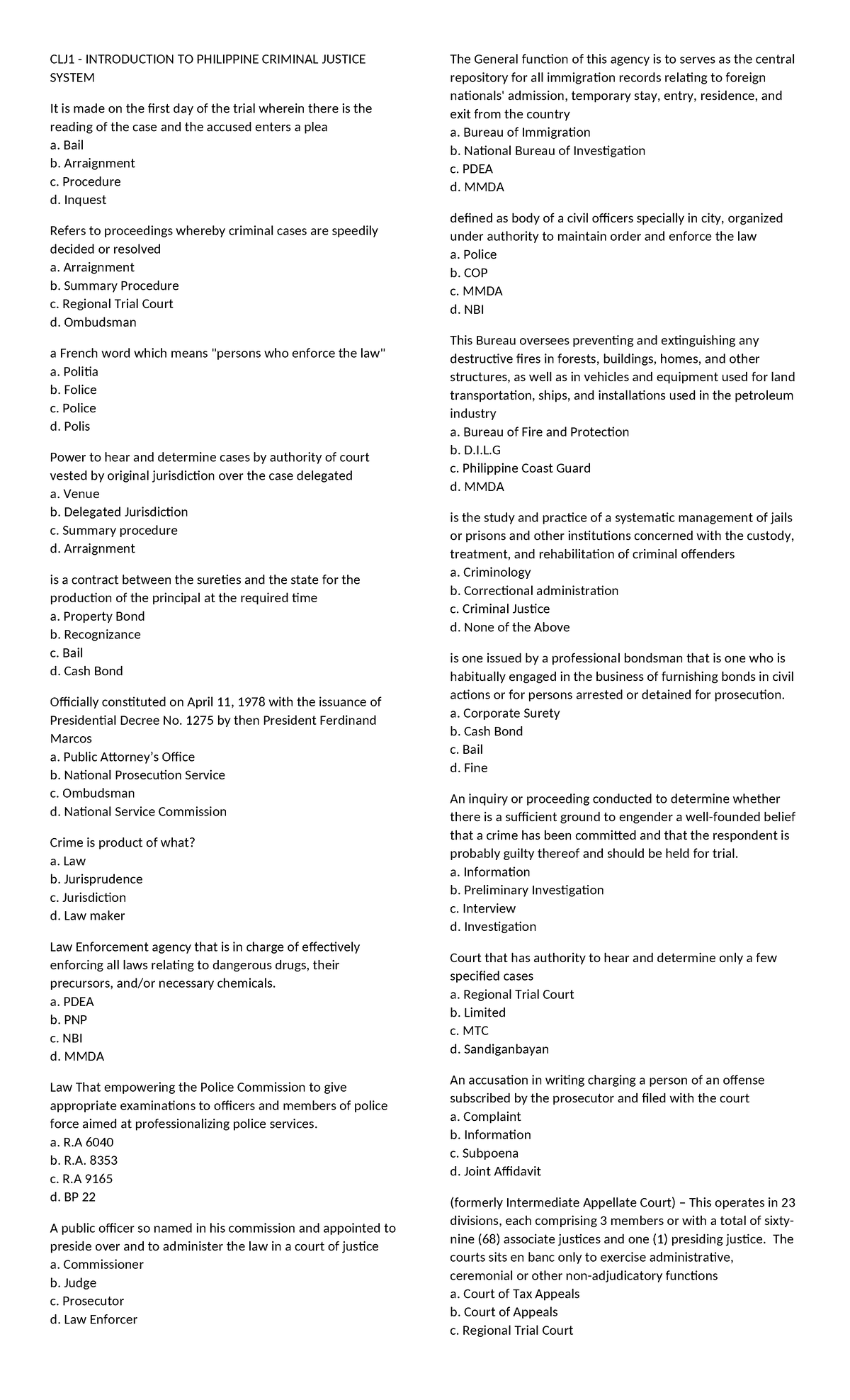 Reviewer-CLJ1 - CLJ1 REVIEWER INTRODUCTION TO PH CRIMINAL JUSTICE ...
