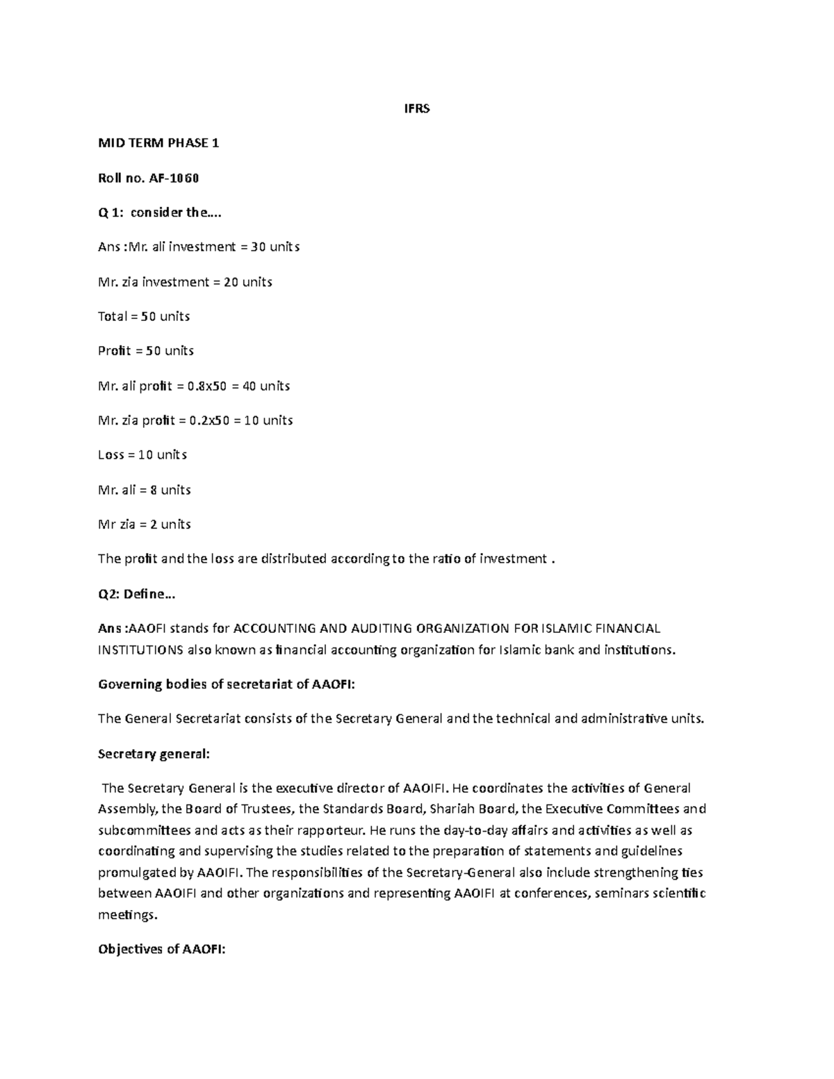 Islamic financial reporting standards - IFRS MID TERM PHASE 1 Roll no ...