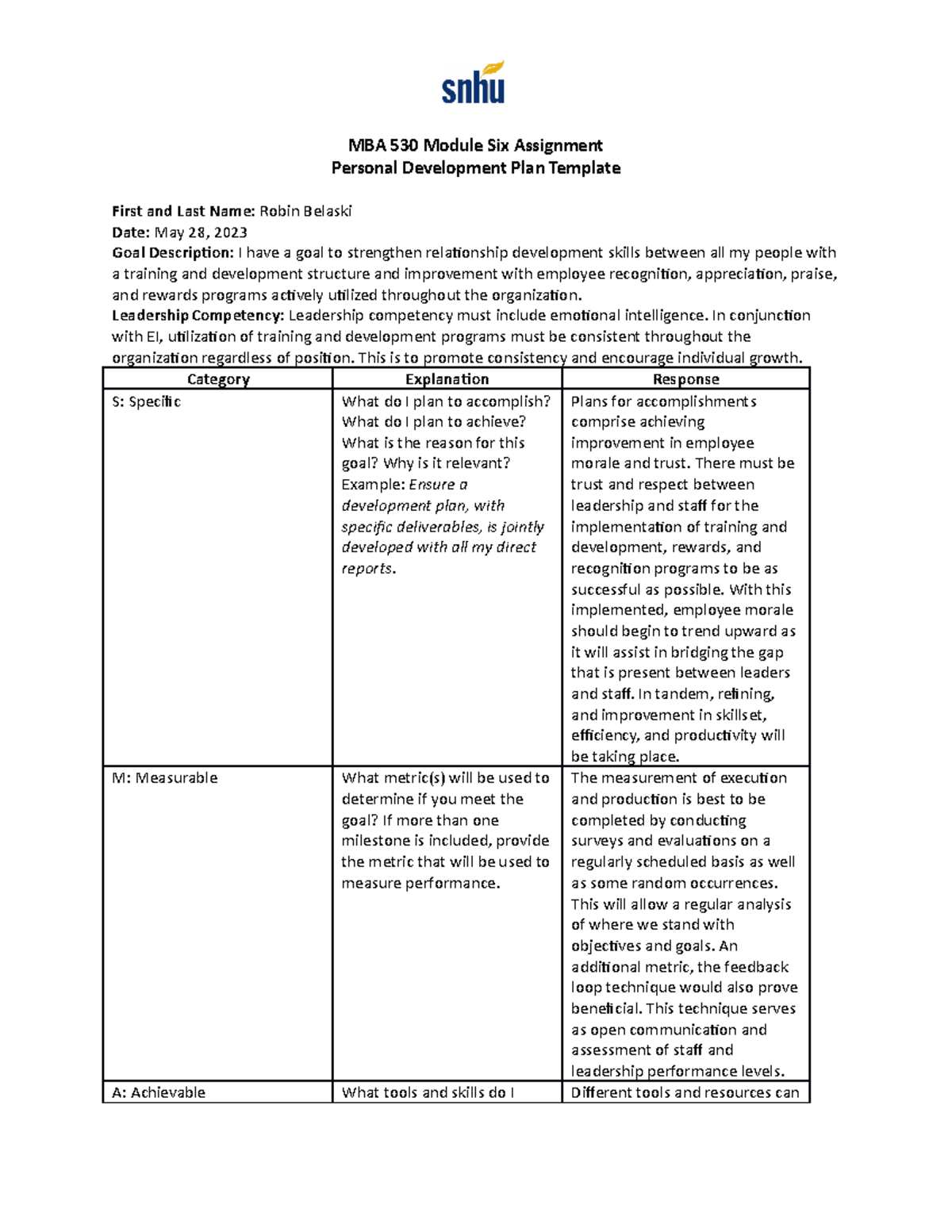 Belaski R MBA530 Module Six 6-2 Personal Development Plan 052823 - MBA ...