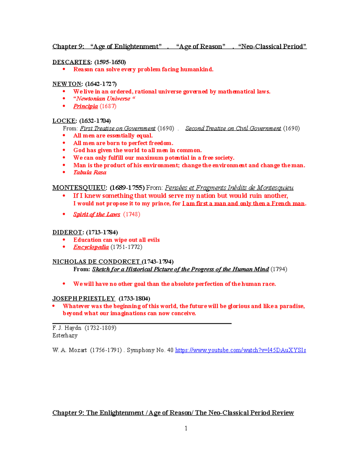 HUM - Review Chapter 9 Enlightenment - Chapter 9: of . of . DESCARTES ...