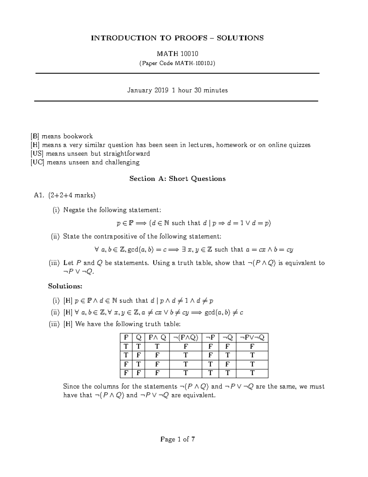 Intro to proofs solutions 2019 - INTRODUCTION TO PROOFS – SOLUTIONS ...