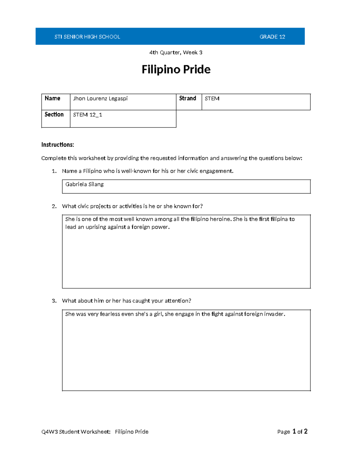 G124QW3 Worksheet - Filipino Pride (Finished) - 4th Quarter, Week 3 ...