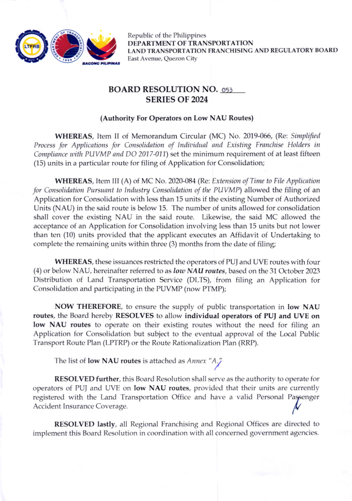 LTFRB RESO-053-S-2024 - LTFRB Republic of the Philippines DEPARTMENT OF ...
