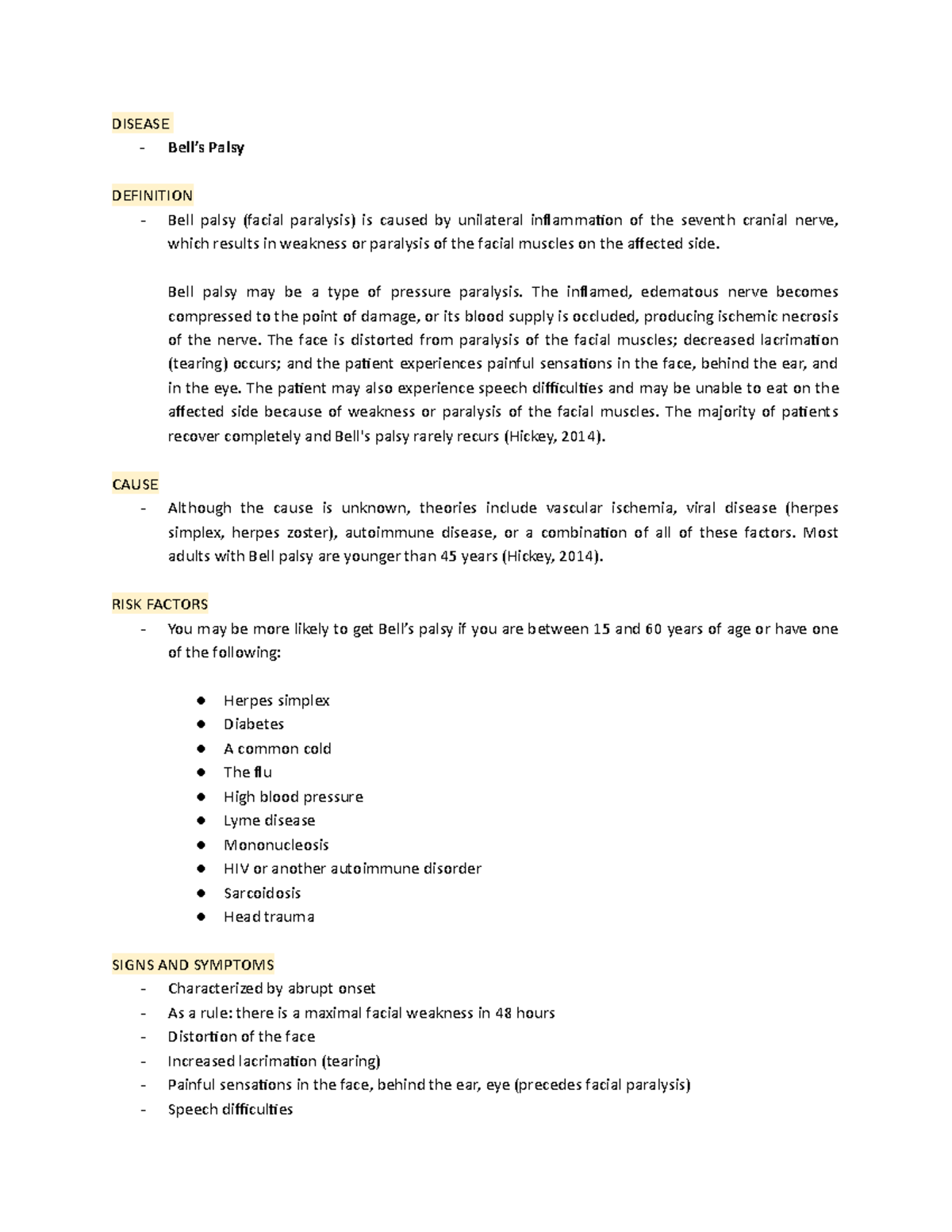 Bell s Palsy Summary - DISEASE - Bell’s Palsy DEFINITION Bell palsy (facial paralysis) is caused ...
