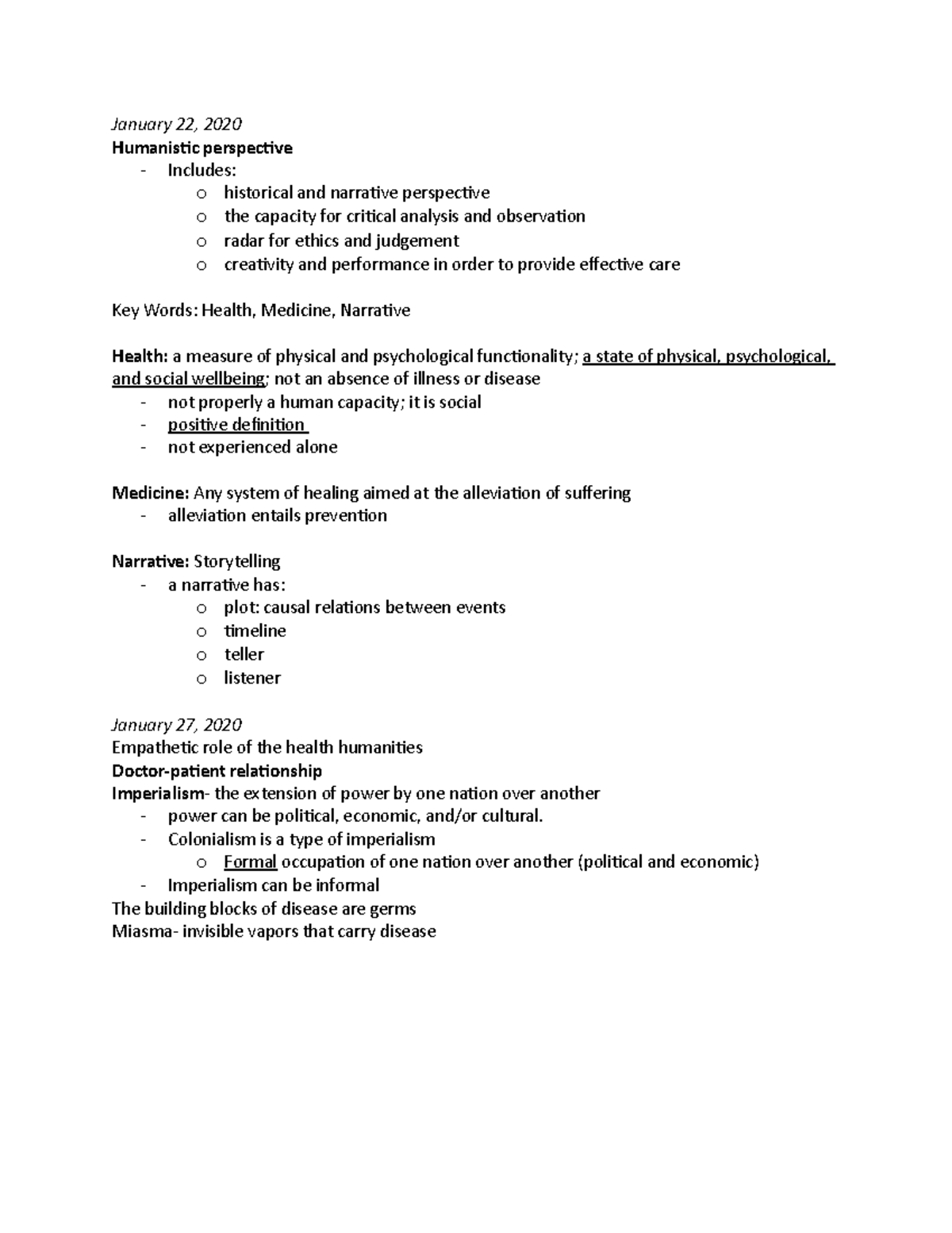 ENG 300G Lecture Notes - January 22, 2020 Humanistic perspective ...