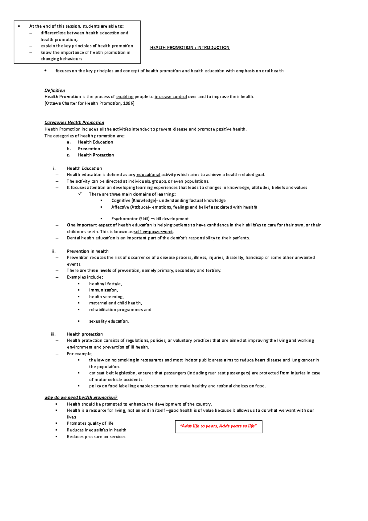 Health Promotion - HEALTH PROMOTION : INTRODUCTION focuses on the key ...