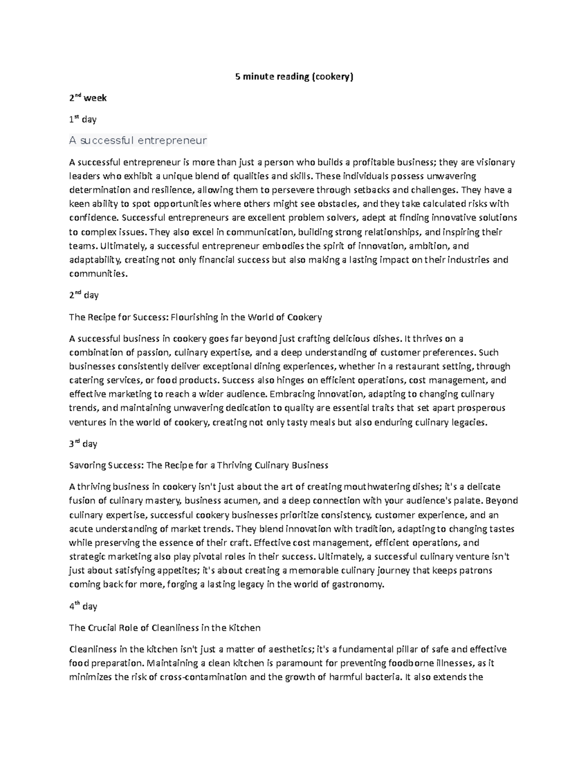 5 minute reading - TEACHING IS EVERYTHING - 5 minute reading (cookery ...