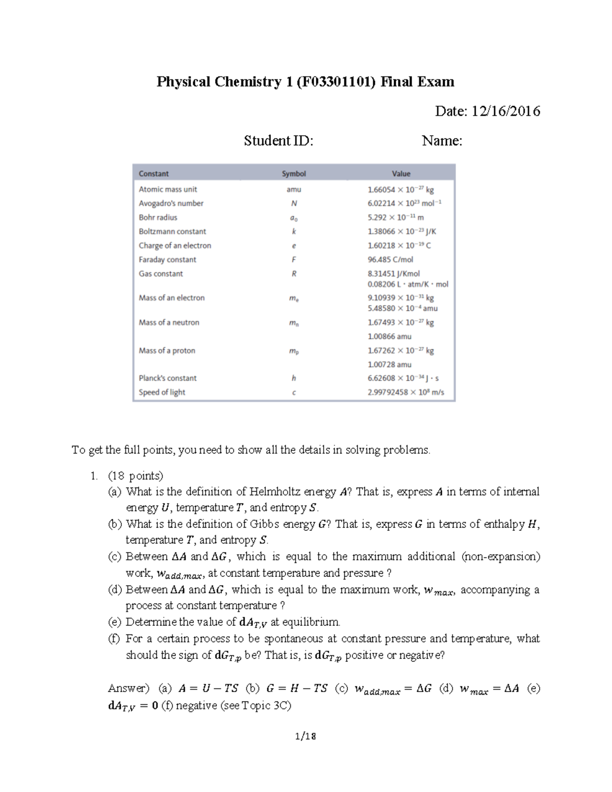 2016 Physical Chem 1 Final Exam Solutions(수정) - Physical Chemistry 1 ...
