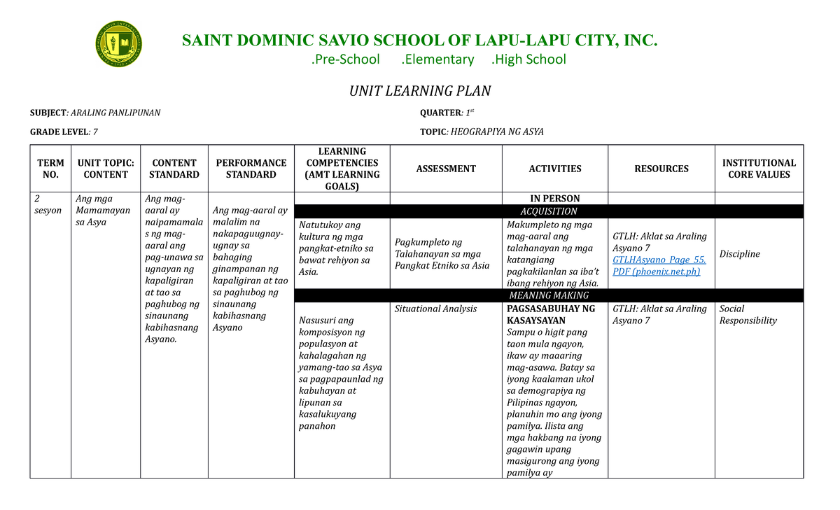 AP7 ULP W5 6 - Araling Panlipunan 7 Sample Unit Learning PLan - SAINT ...