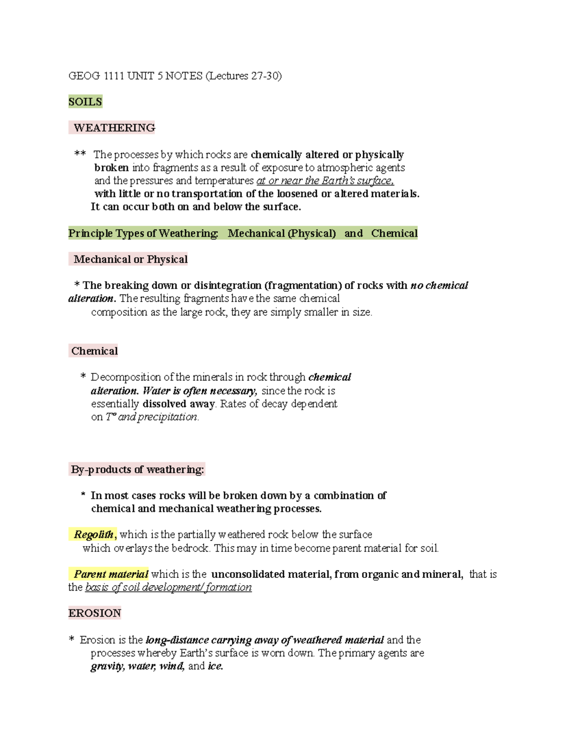 GEOG 1111 UNIT 5 Notes - GEOG 1111 UNIT 5 NOTES (Lectures 27-30) SOILS ...