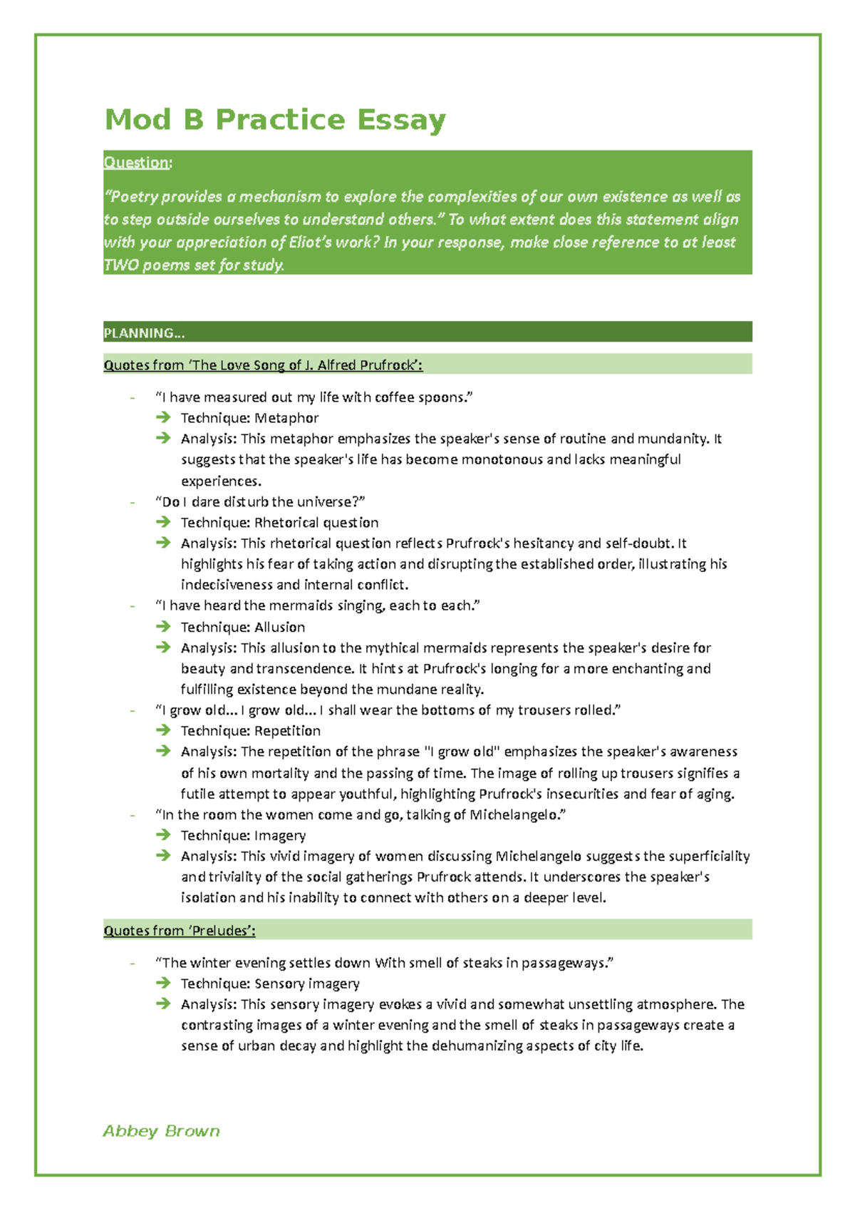 Mod B Practice Essay - T.S. Eliot - Mod B Practice Essay Question ...