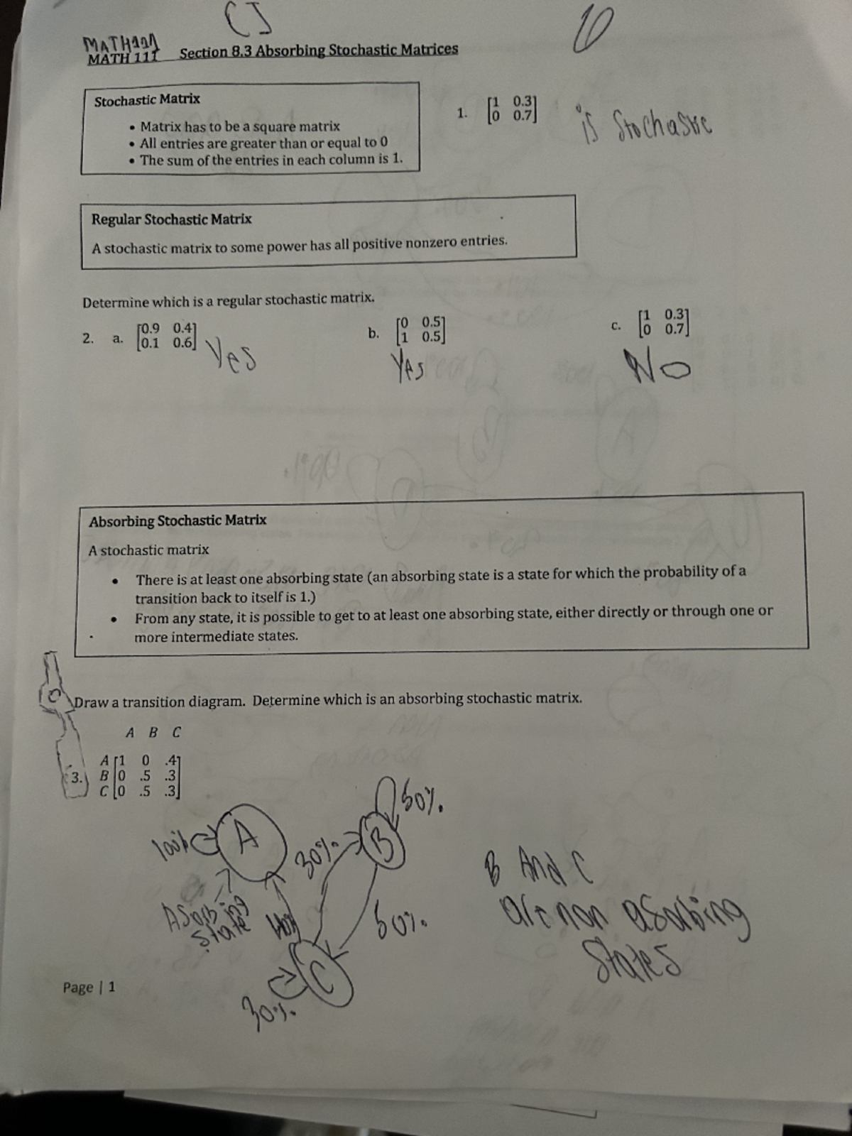 Absorbing Stochastic Matrixes - MATH 111 - Studocu