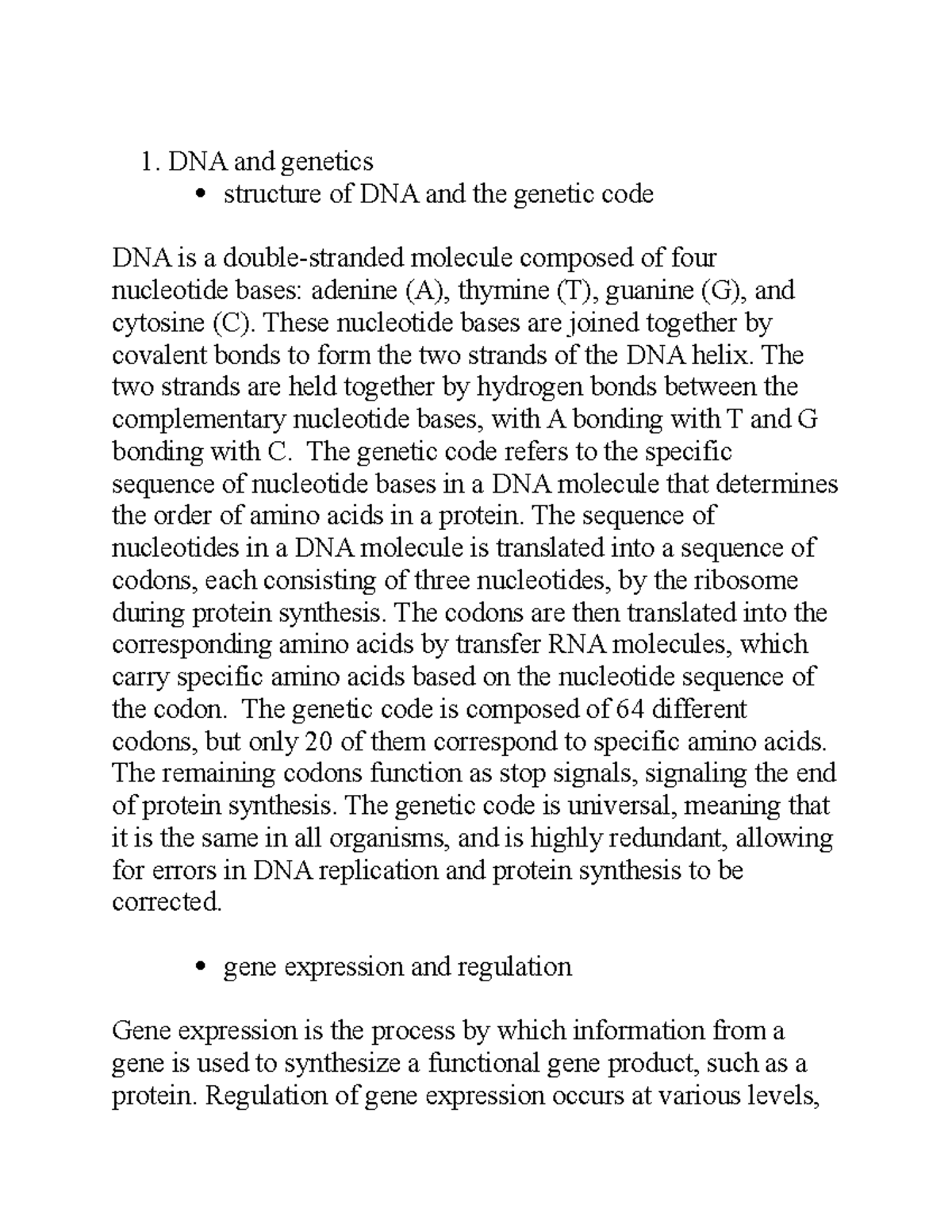 Biology notes 2 - DNA and genetics structure of DNA and the genetic ...