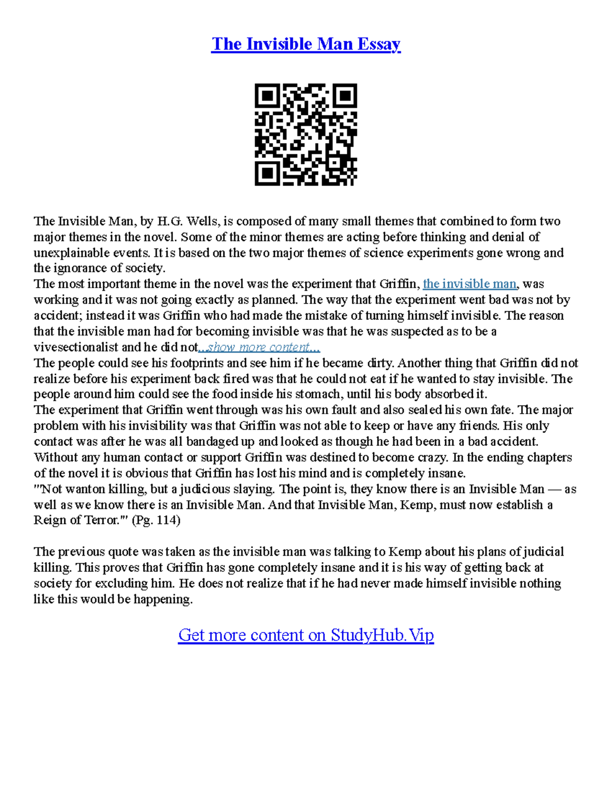 The Invisible Man Essay - Wells, is composed of many small themes that ...