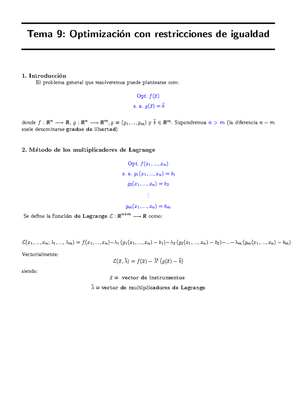 Teorialagrageresumida - Tema 9: Optimizaci ́on con restricciones de ...