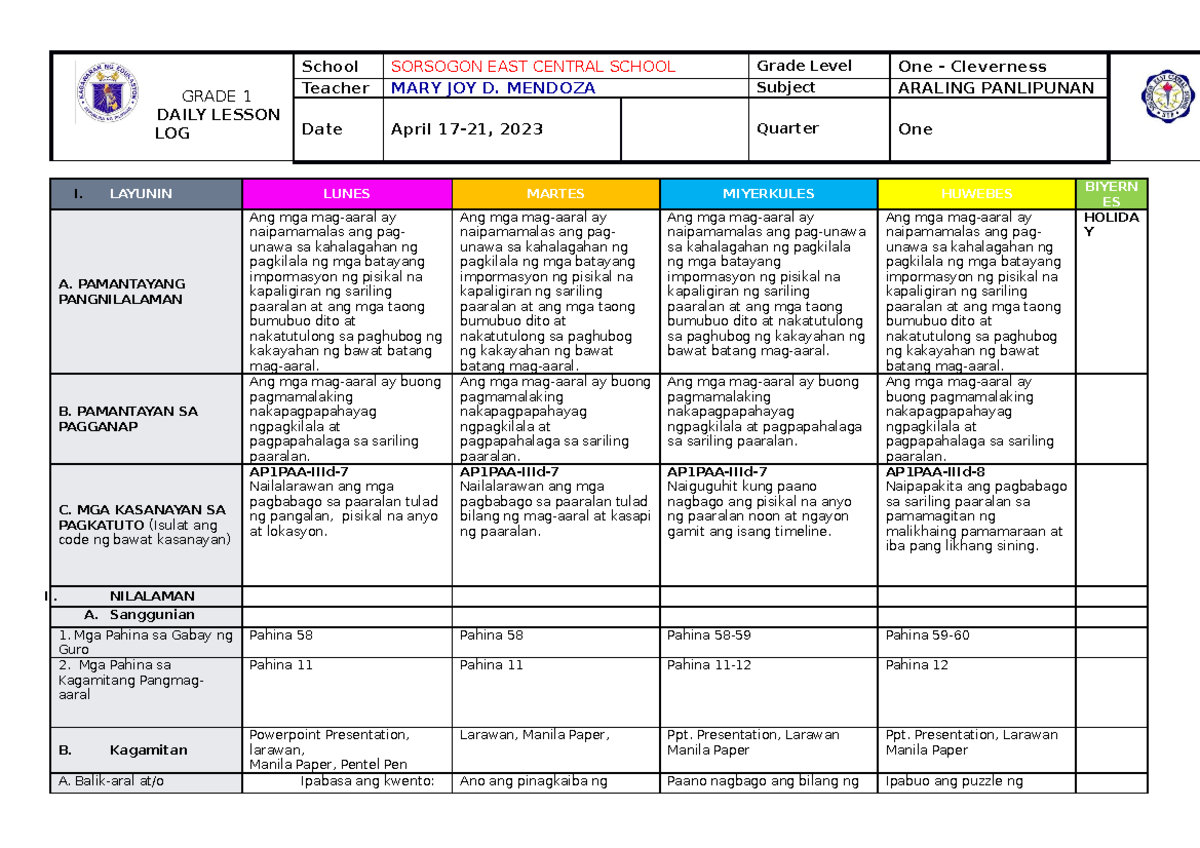 AP Third Quarter WEEK 4 - LESSON PLAN SAMPLE - GRADE 1 DAILY LESSON LOG ...